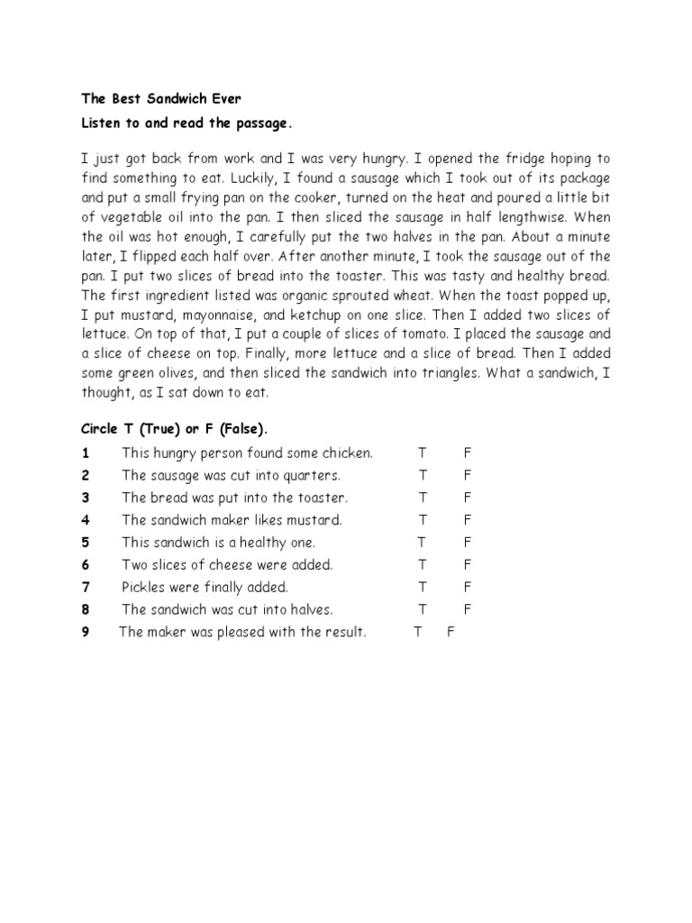 The Best Sandwich Ever Reading Comprehension Exercises 102566 | PDF