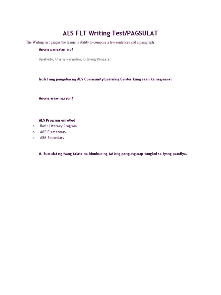 ALS FLT Writing Test | PDF