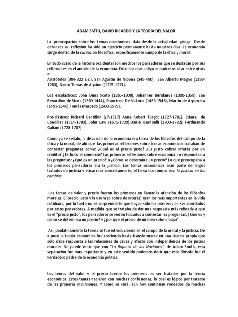 Adam Smith, David Ricardo y La Teoría Del Valor | PDF | Costo de ...