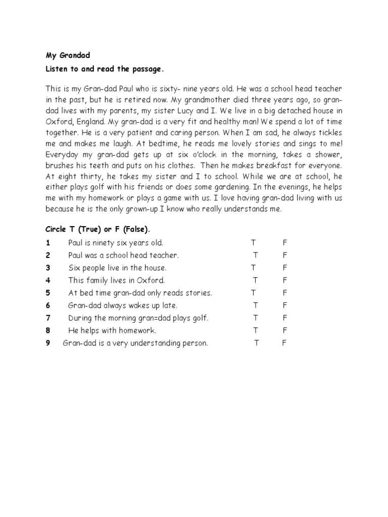My Grandad Reading Comprehension Exercises 102744 | PDF | Language Arts ...