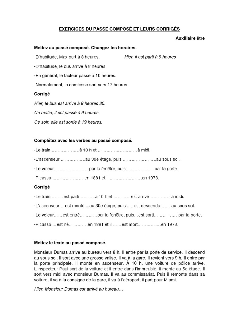 Exercices Corrigés du Passé Composé | PDF | Arts du langage et ...