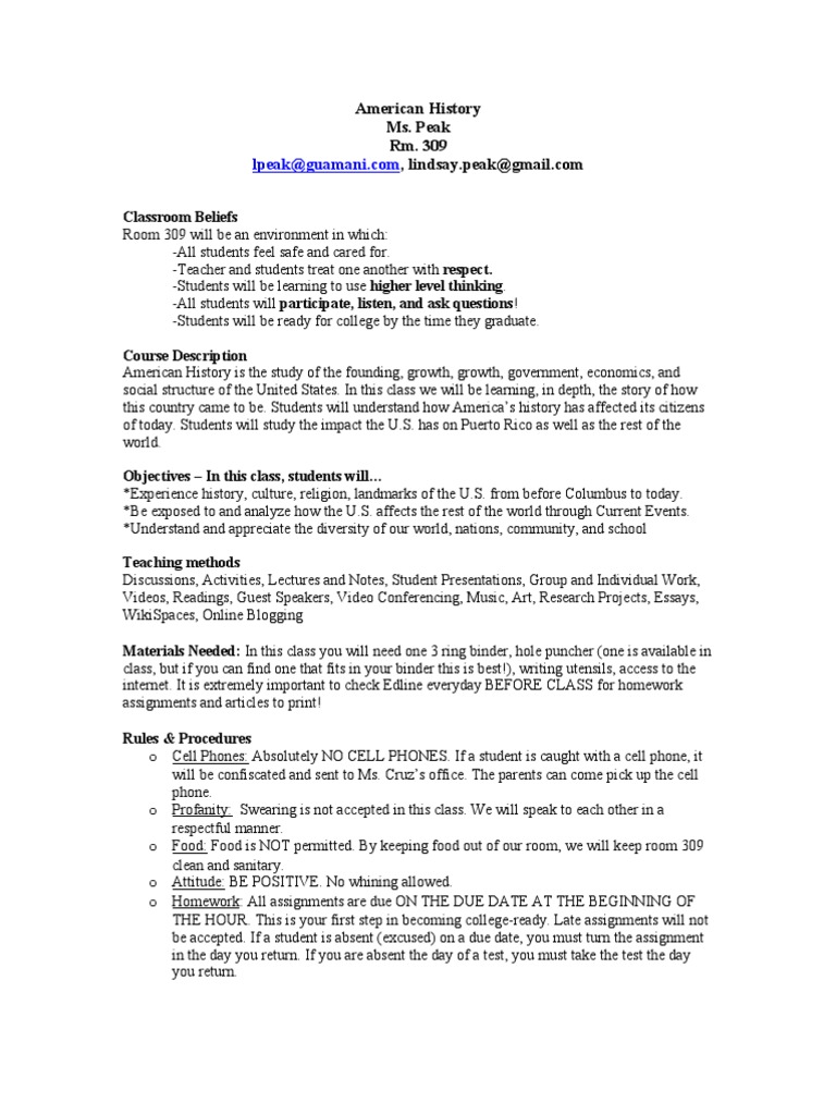 American History Syllabus | PDF | Homework | Cognition