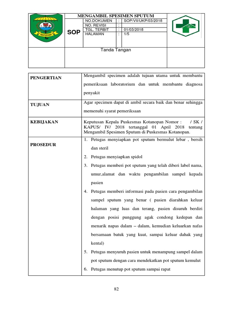 SOP Pengambilan Spesimen Sputum | PDF