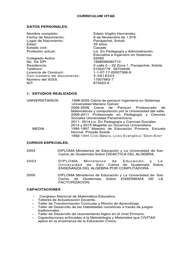 Curriculum Edwin 2016 | Descargar gratis PDF | Educación primaria | Maestros