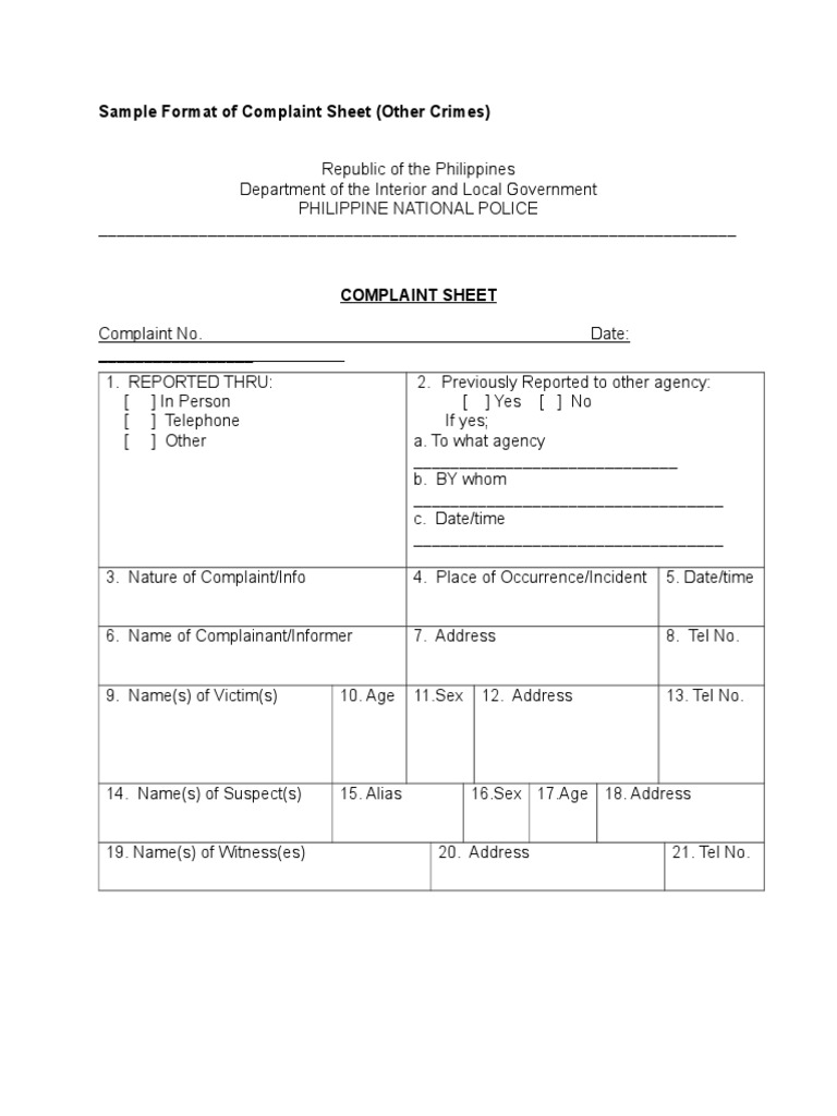 Complaint Sheet Format for PNP | PDF | Crime & Violence | Crime Thriller