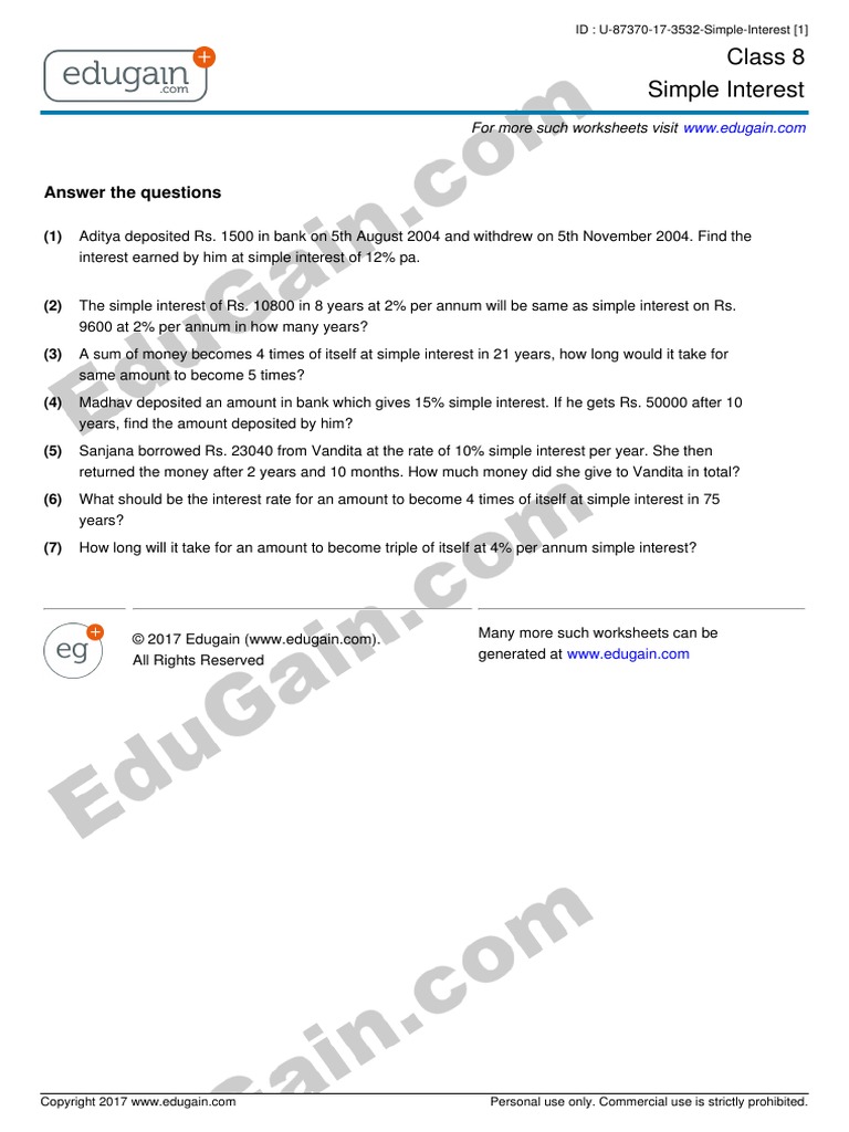 Class 8 Simple Interest: Answer The Questions | PDF