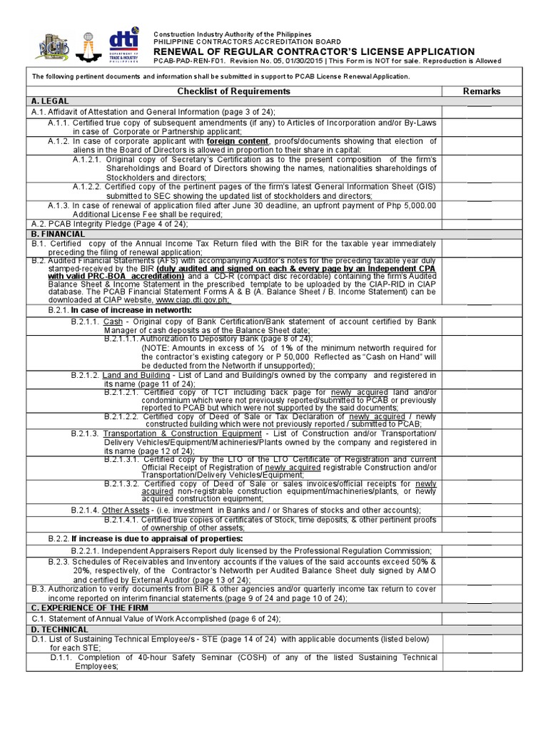 Renewal of Contractor's License Application Form... | Download Free PDF ...