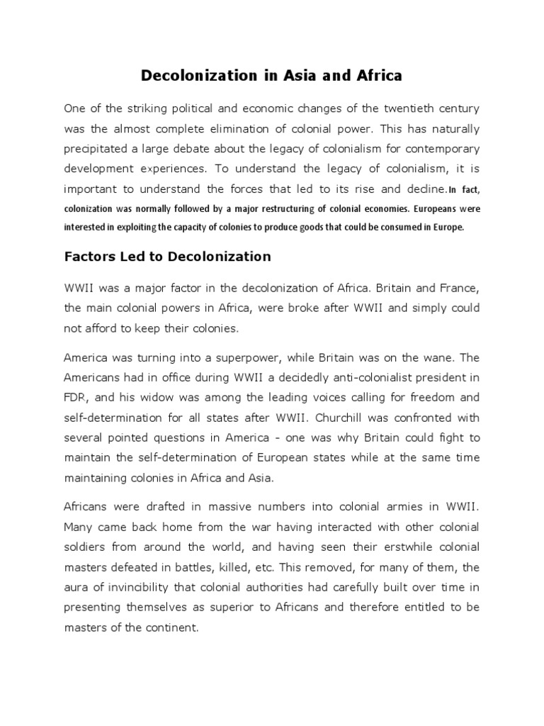 Decolonization in Asia and Africa: Factors Led To Decolonization | PDF