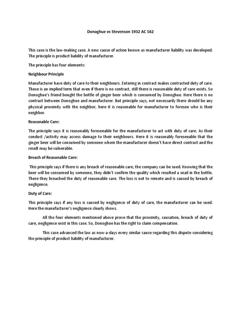 Donoghue Vs Stevenson 1932 AC 562 | PDF
