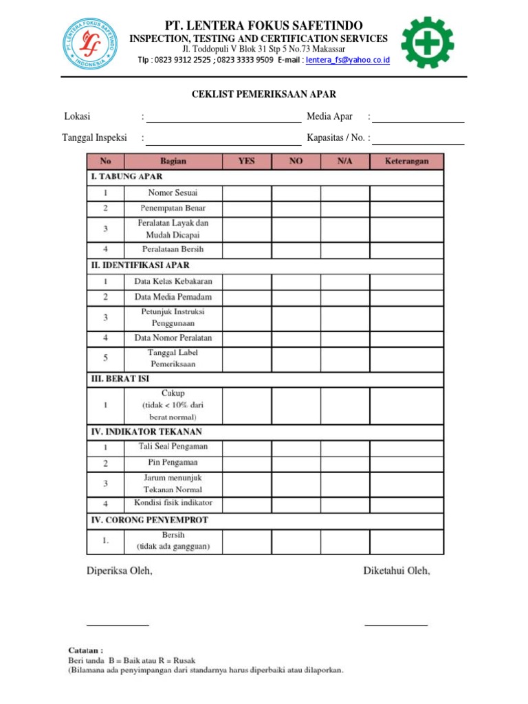 Ceklist Pemeriksaan Apar | PDF