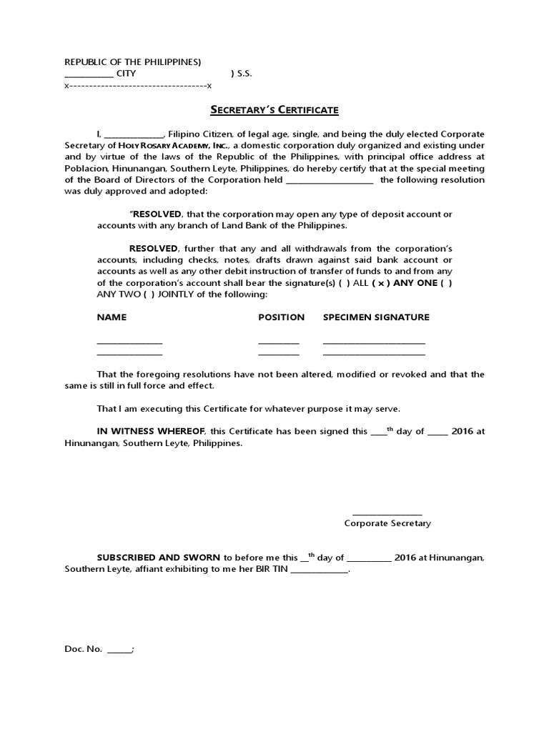 Secretary Certificate Opening Bank Account | PDF