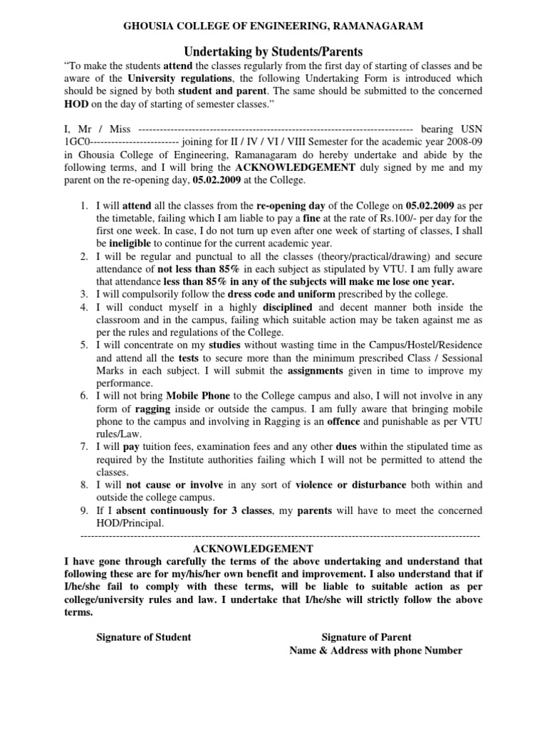 Student Undertaking Form PDF | PDF | Fee | Government Information