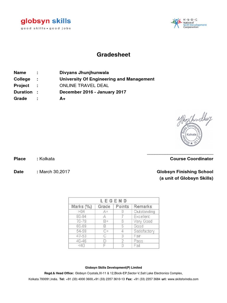 Certificate Gradesheet Globsyn JEE7 PDF | PDF
