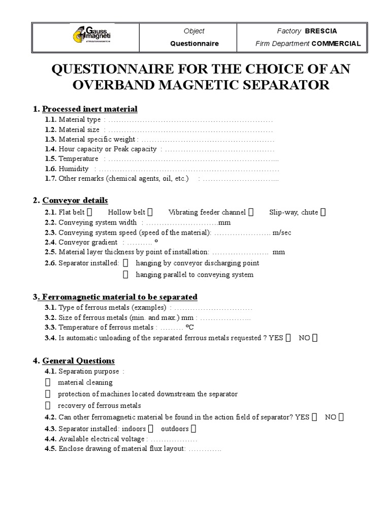Overband Magnetic Separator Questionnaire | PDF | Metals | Physical ...