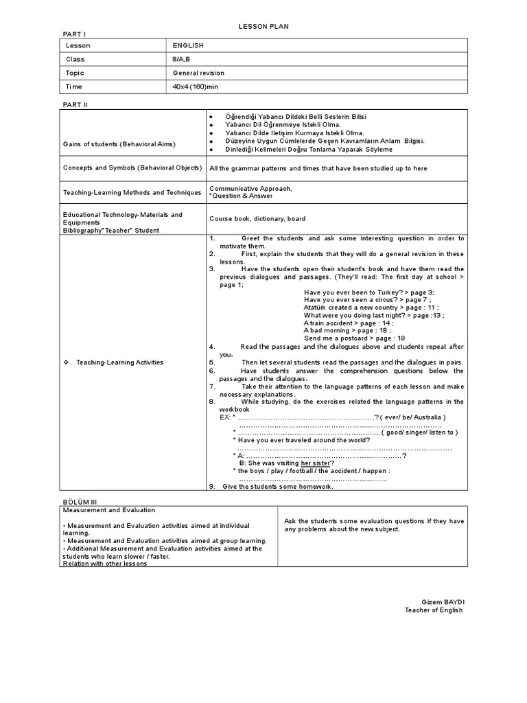 8th Class Lesson Plan | PDF | Psychology | Behavior Modification