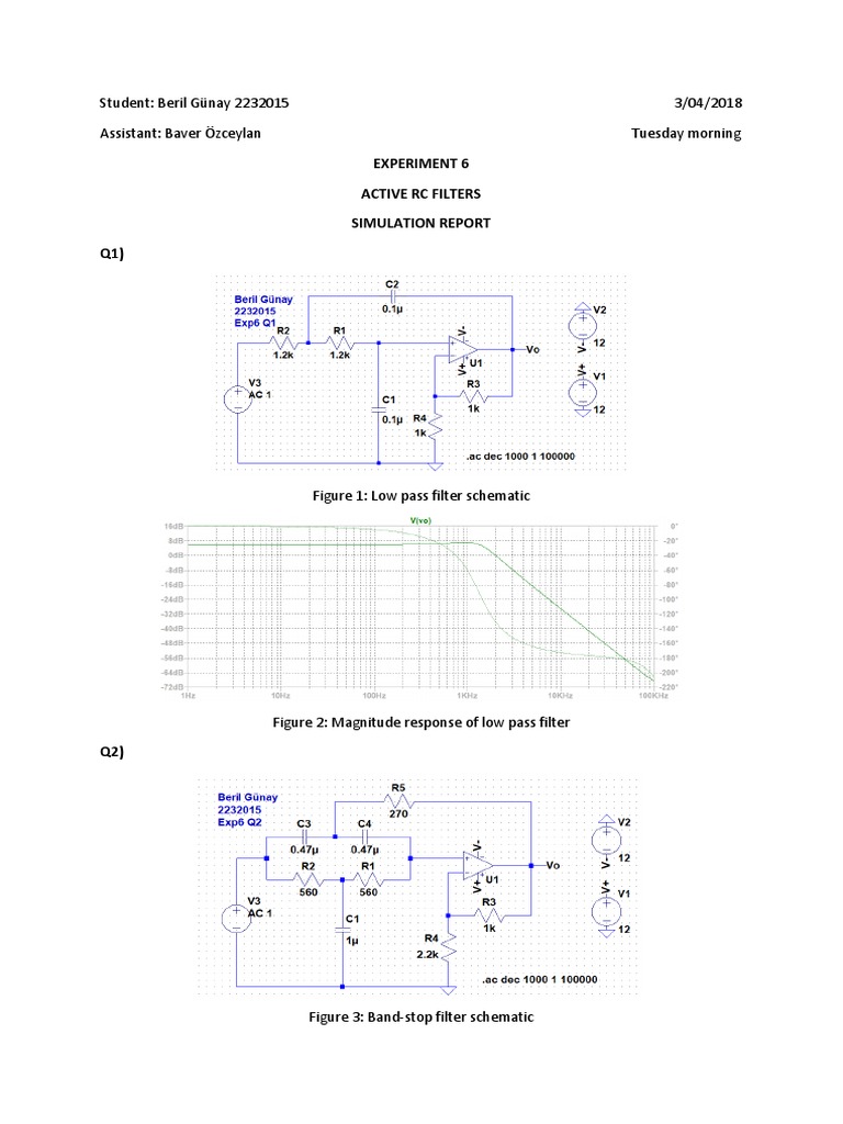 Experiment 6 Active RC Filters Simulation Report Q1) | PDF