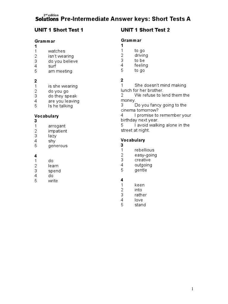Solutions2e Short Tests Answer Key A | PDF