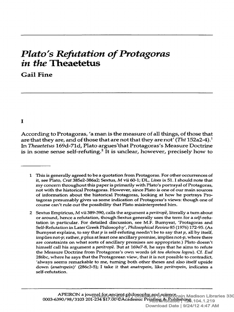 Plato's Refutation of Protagoras in The Theaetetus: Gail Fine | PDF ...