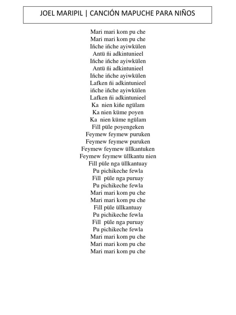 Mari Mari Kom Pu Che Cancion Mapuche para Ninos Joel Maripil | PDF