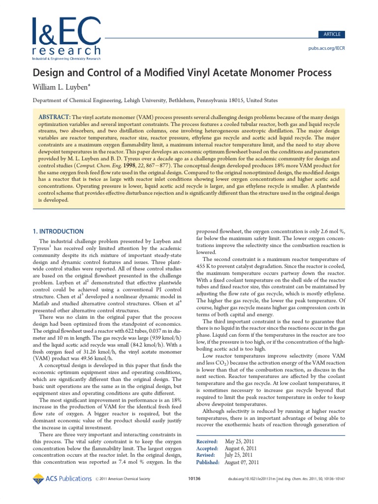 Design and Control of A Modified Vinyl Acetate Monomer Process | PDF ...