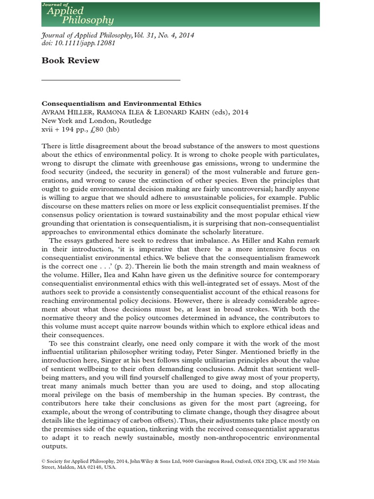 Book Review: Consequentialism and Environmental Ethics | PDF | Morality | Utilitarianism