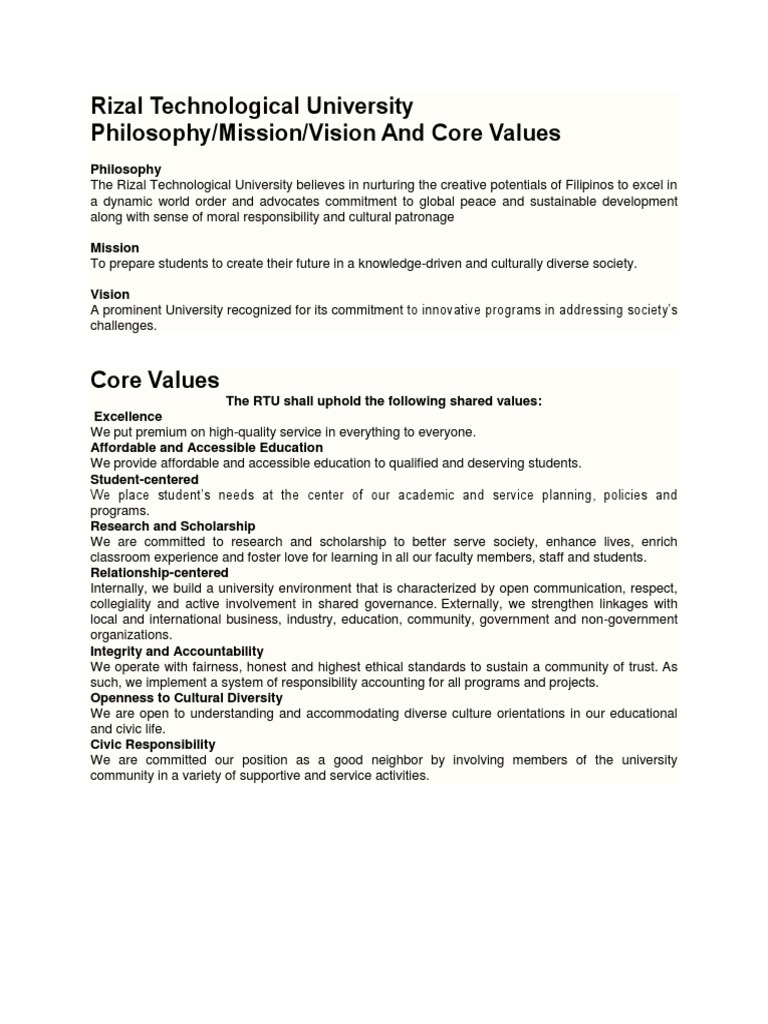 RTU Mission, Vision, and Core Values | PDF | University | Cultural ...