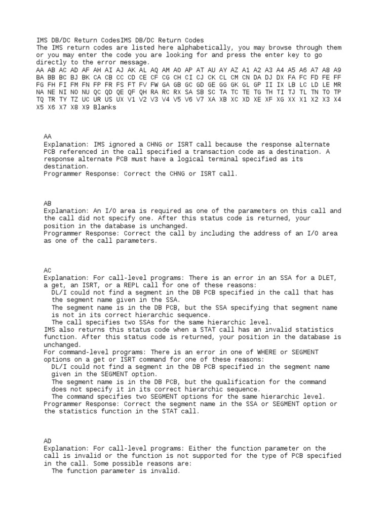 Ims Db Dc Return Codes Parameter Computer Programming Databases 7626