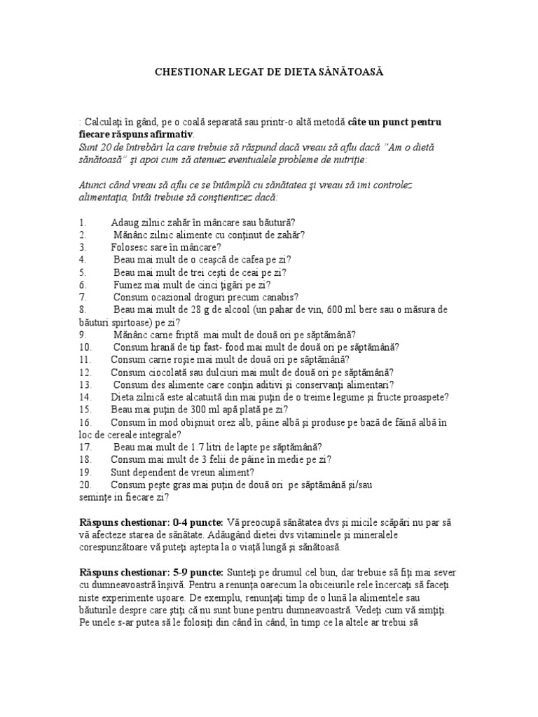 Alimentatie Sanatoasa Chestionar | PDF