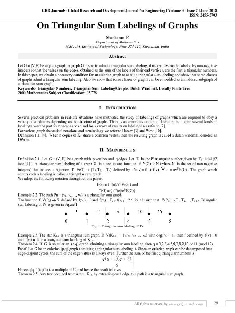 On Triangular Sum Labeling of Graphs | Download Free PDF | Vertex (Graph Theory) | Combinatorics
