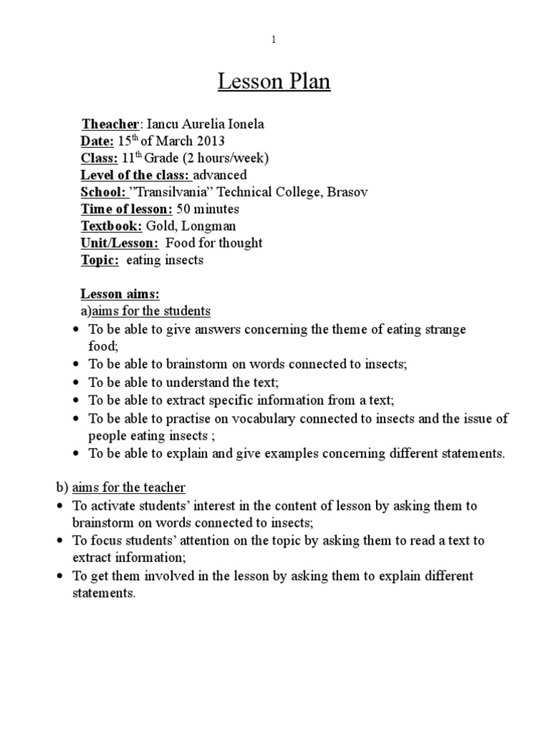 Lesson Plan Iancu Aurelia Ionela | PDF | Brainstorming | Lesson Plan