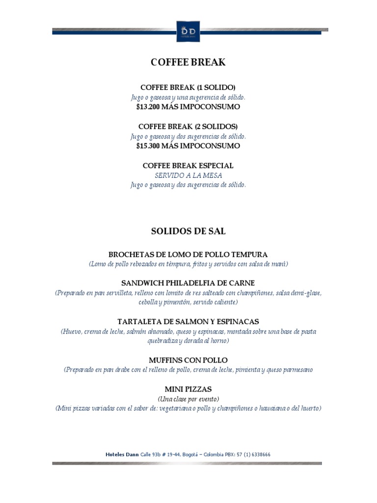 Menú de Coffee Break en Hoteles Dann | PDF | Postres | Alimentos