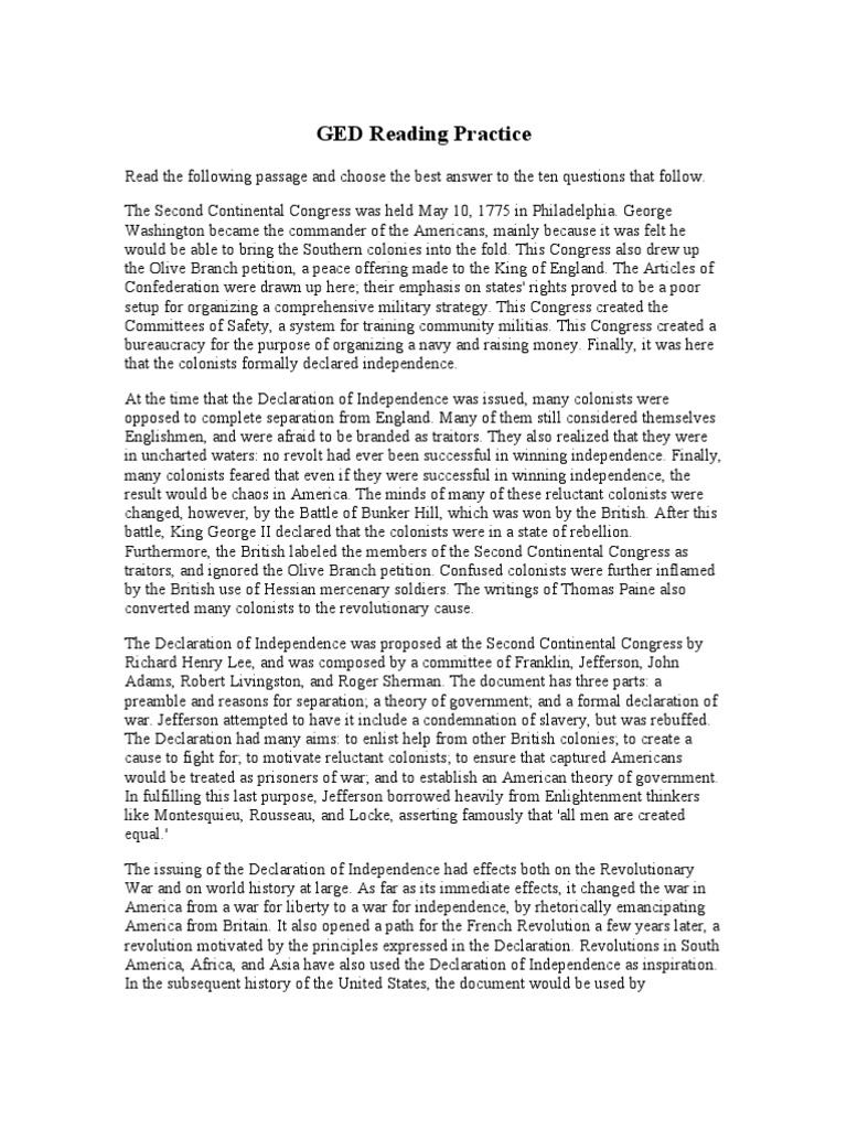 GED Reading | PDF | United States Declaration Of Independence | Thomas ...