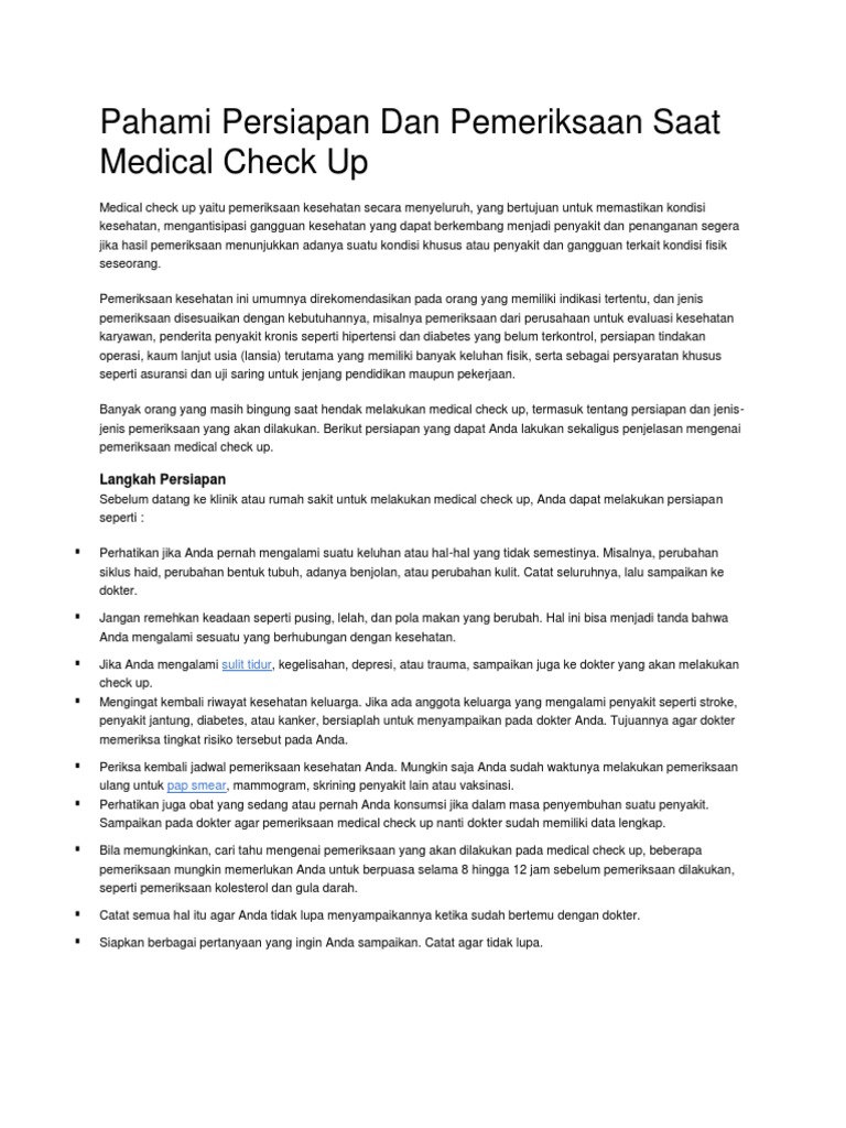 Persiapan Optimal Medical Check Up | PDF | Kesehatan Holistik | Gaya Hidup