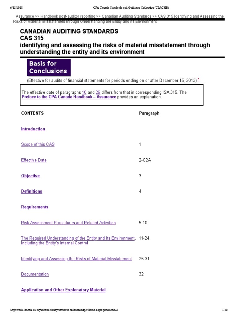 CAS 315 Assessing Risks by Understanding Entity PDF | PDF | Financial ...