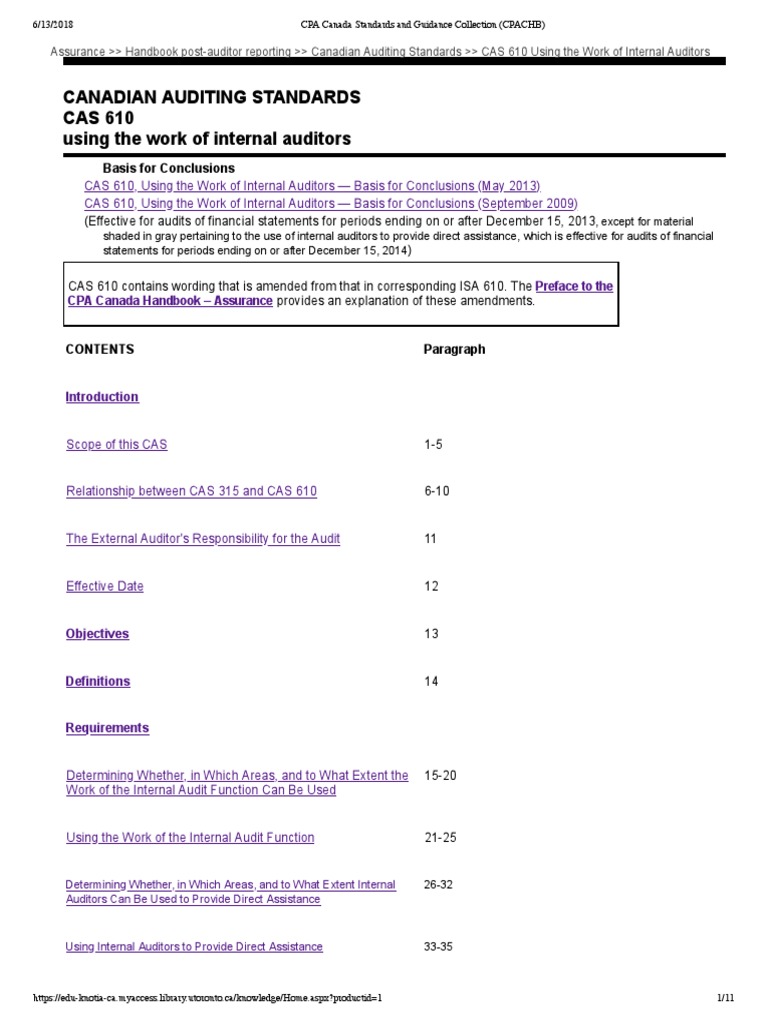CAS 610 Using Internal Auditor PDF | PDF | Internal Audit | Internal ...