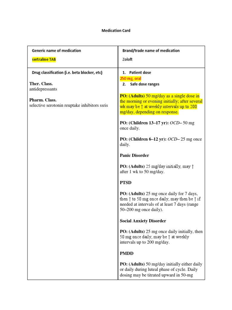 Sertraline TAB Zoloft: Medication Card | PDF | Selective Serotonin ...