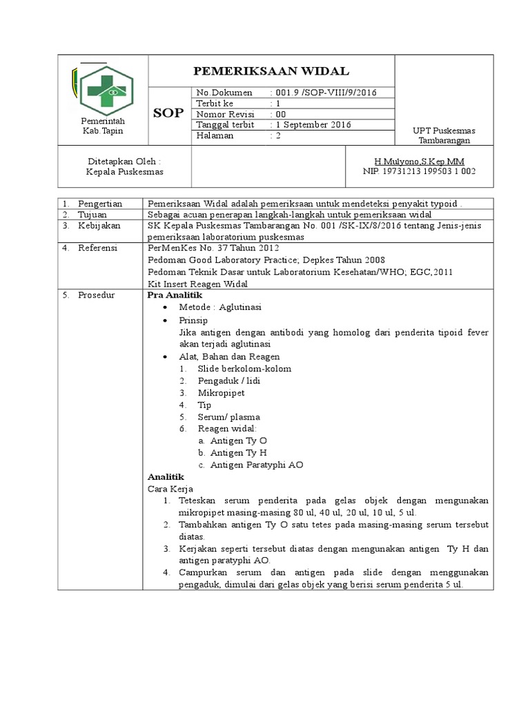 SOP Pemeriksaan Widal di Puskesmas | PDF