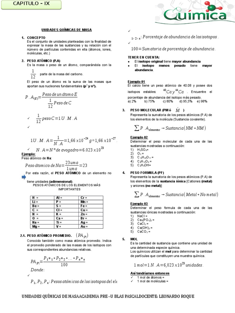Unidades Quimicas de Masa - 5° Año | PDF | Mole (Unidad) | Carbón