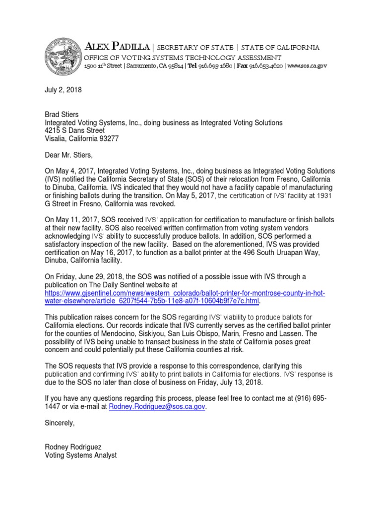 Letter To Integrated Voting Systems, Inc. | PDF | Voting | Business