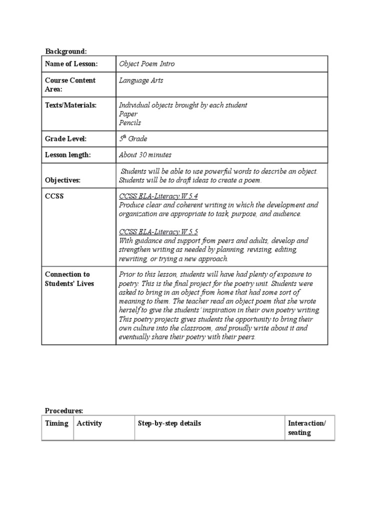 Object Poem Lesson | Download Free PDF | Classroom | Poetry