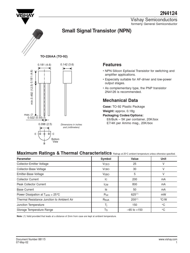 2N4124 | Download Free PDF | Bipolar Junction Transistor | Transistor