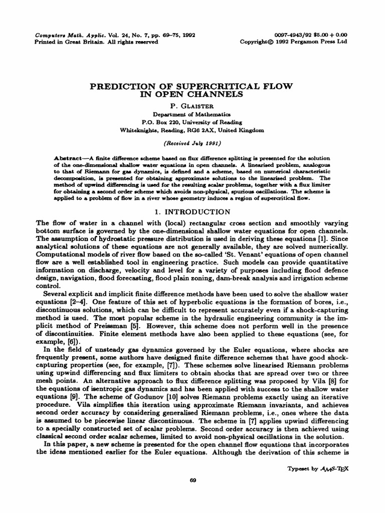 Prediction of Supercritical Flow in Open Channels: Computers Math ...