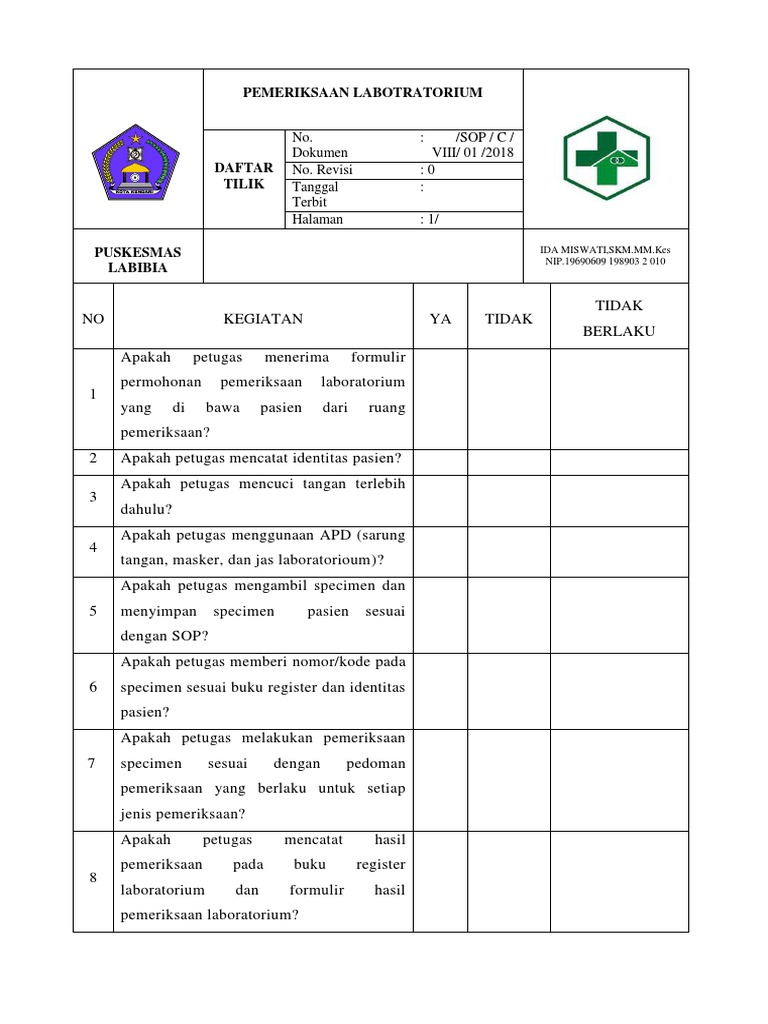 Daftar Tilik Pemeriksaan Labotratorium | PDF