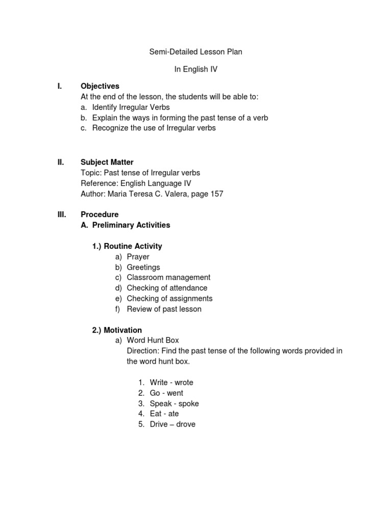 Semi-Detailed Lesson Plan For English 115 | PDF