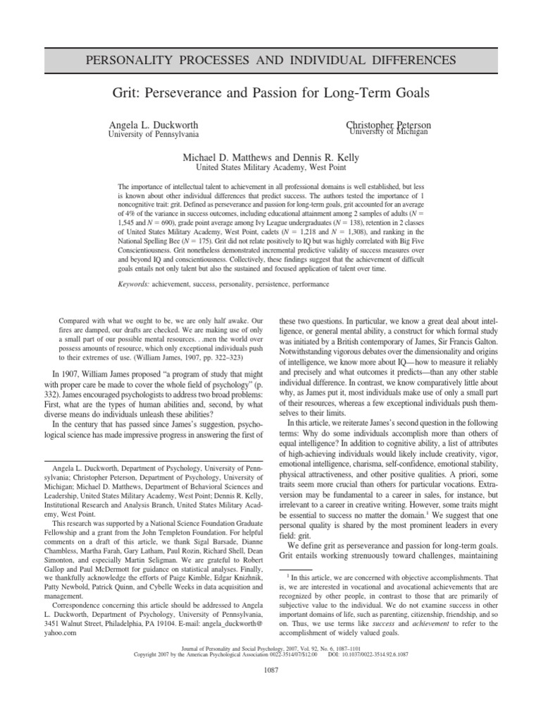 Grit - Perseverance and Passion For Long-Term Goals - Duckworth - 2007 ...