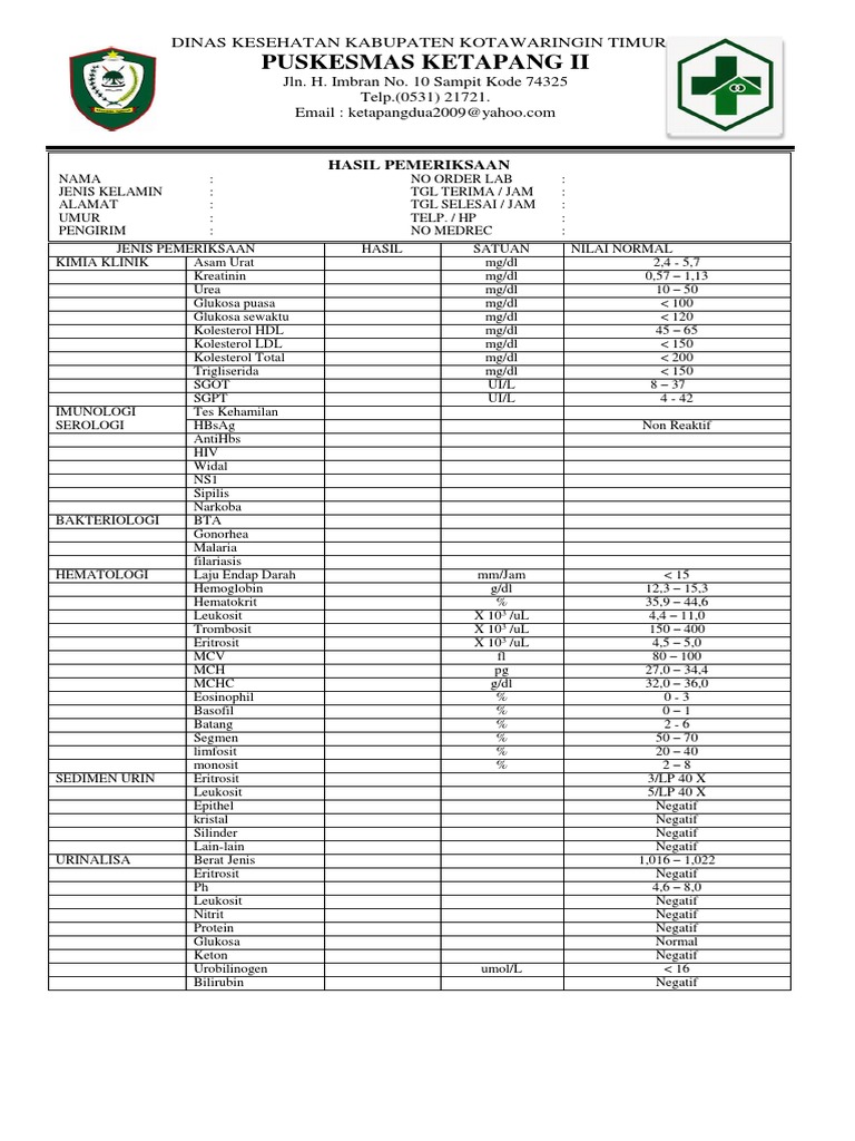 Comprehensive Laboratory Test Results from Puskesmas Ketapang II Health ...