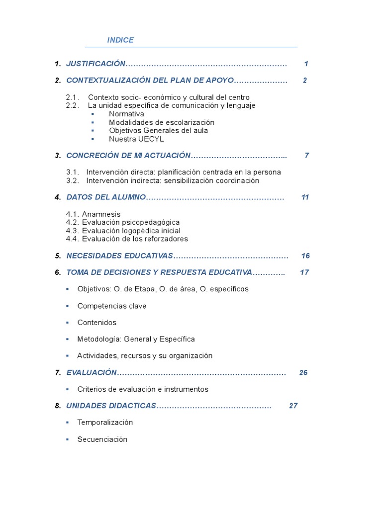 INDICE Plan de Apoyo