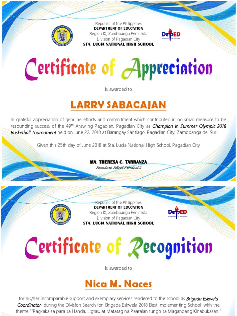 PLATA 2certificate of Appreciation | PDF | Behavior Modification | Sports