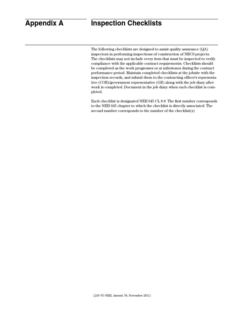 Appendix A Inspection Checklists: (210-VI-NEH, Amend. 59, November 2011 ...