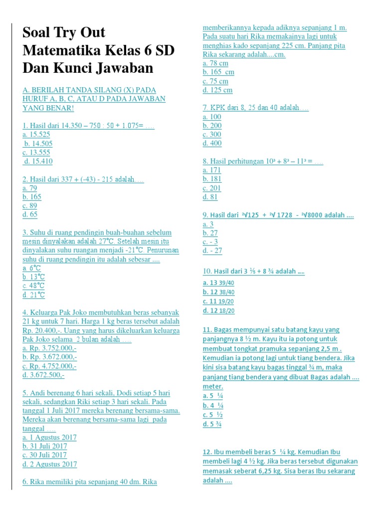 Soal Try Out Matematika Kelas 6 SD Dan Kunci Jawaban | PDF